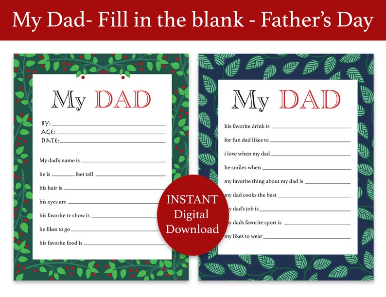 All About My Dad Printable Father's Day Gift Father's Day Printable Dad ...