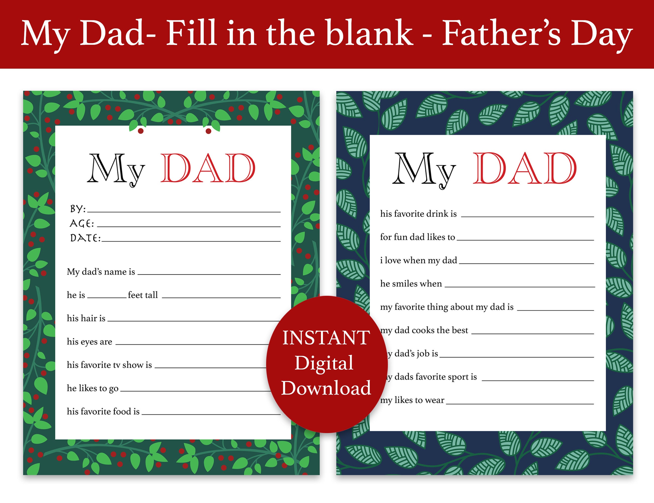 All About My Dad Printable Father's Day Gift Father's Day Printable Dad ...