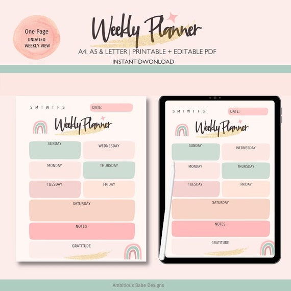 Digital Weekly Planner Page Printable Weekly Planner - Etsy