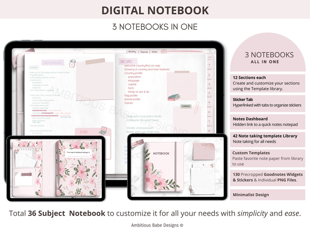 Landscape Floral Digital Notebook | 3 Notebooks in One 12 Tab 36 ...
