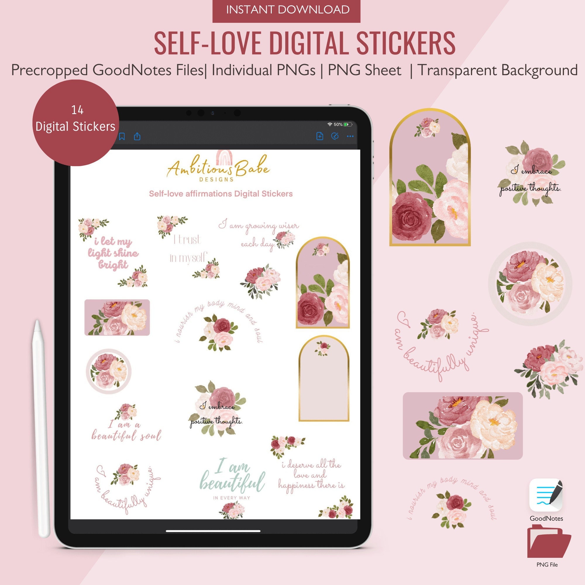 Self-love Digital Stickers | Positive Affirmation Stickers | Goodnotes ...