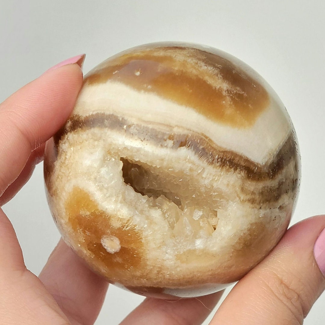 Chocolate Banded Calcite Crystal With Druzy Pocket Sphere Amber Onyx ...