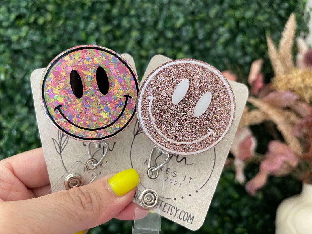 Glitter Smiley Face Badge Reel Happy Face Badge Reel Nurse Badge Reel - Etsy