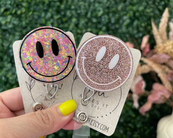 Glitter Smiley Face Badge Reel; Happy Face Badge Reel; Nurse Badge Reel ...