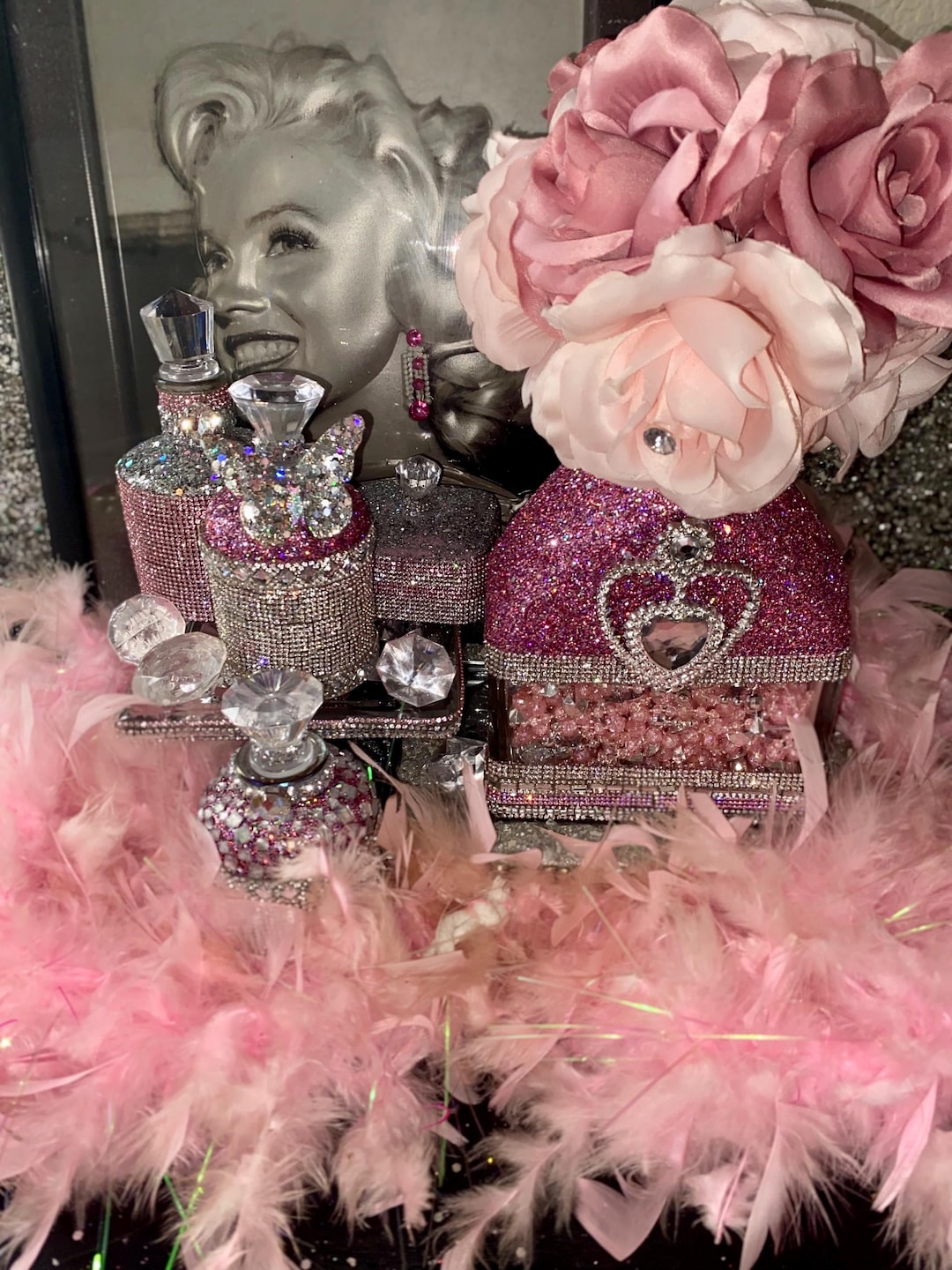 5 Pc Glam Room Rhinestone Pink Decor Set - Etsy