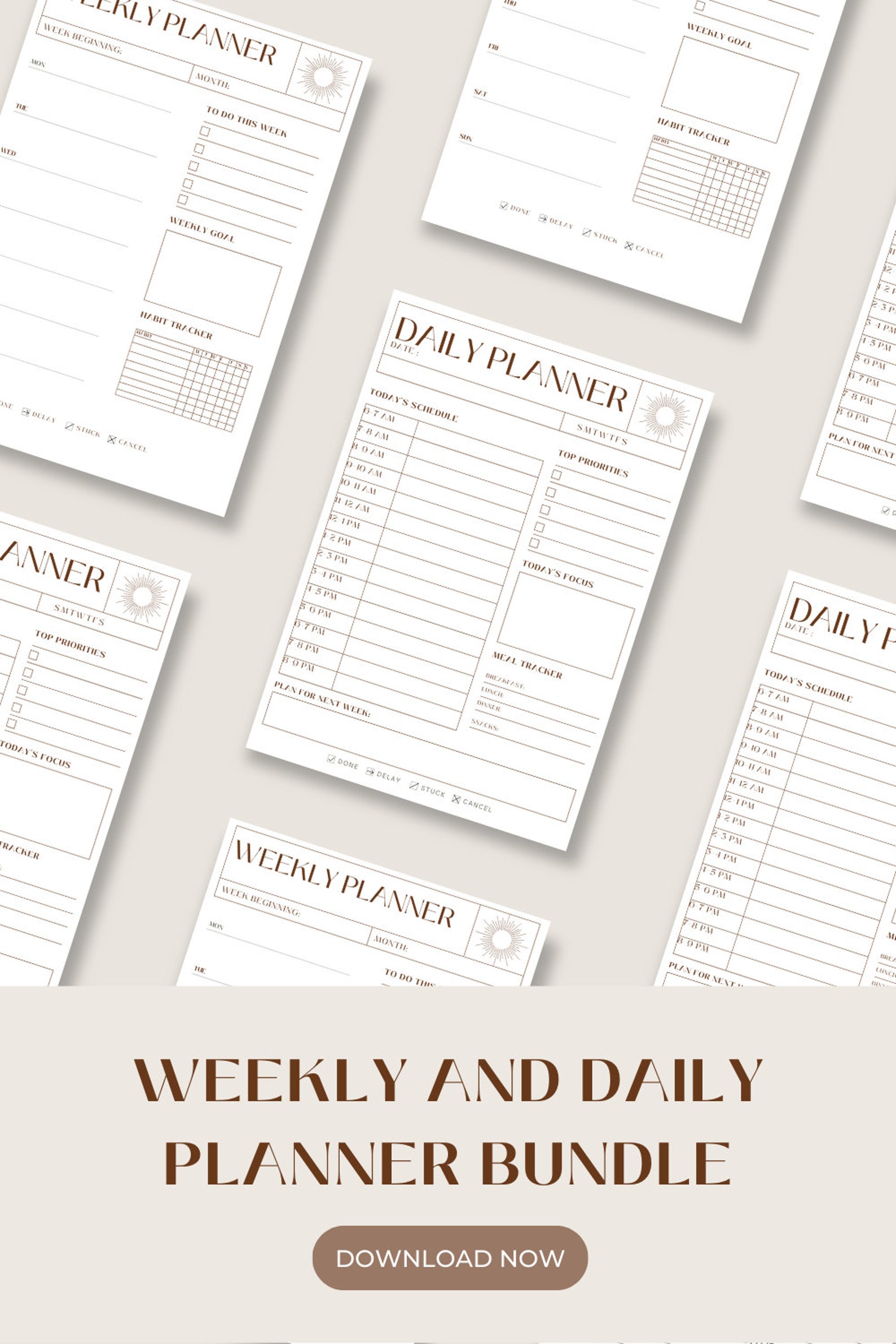 Printable Neutral Weekly and Daily Planner With Meal Planning and Habit ...