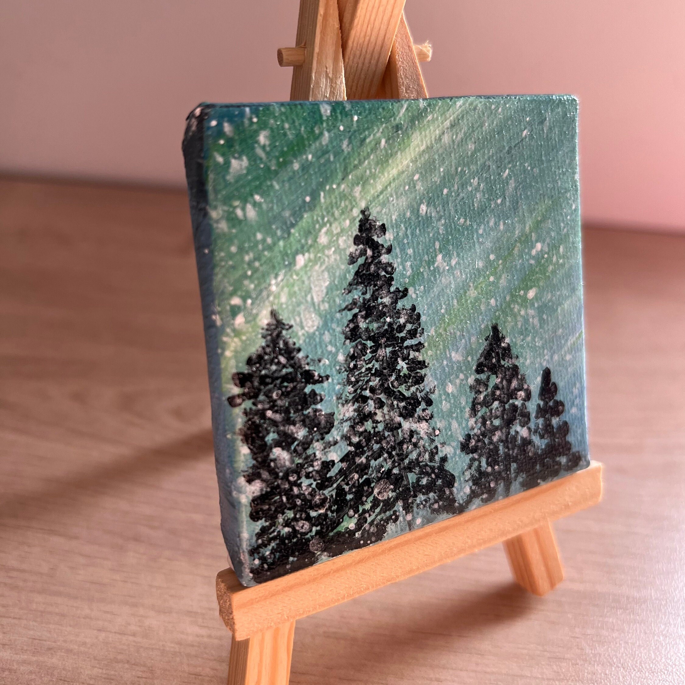 Aurora Pines: Miniature Acrylic Painting 7x7 Cm Under Northern Lights ...