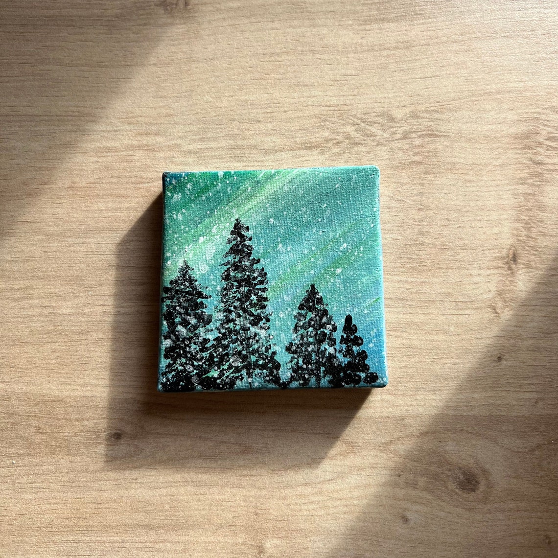 Aurora Pines: Miniature Acrylic Painting 7x7 Cm Under Northern Lights ...