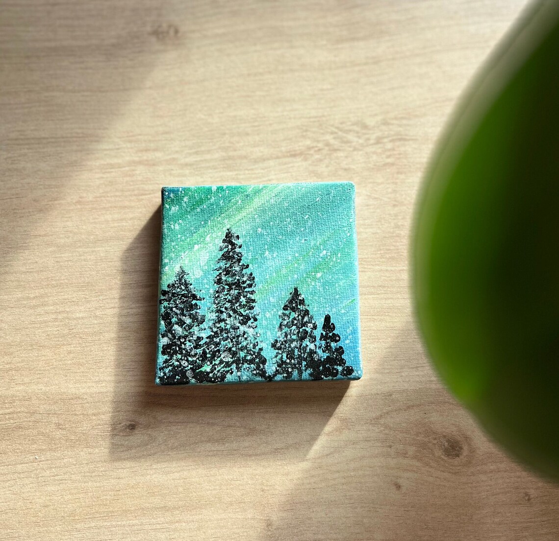Aurora Pines: Miniature Acrylic Painting 7x7 Cm Under Northern Lights ...