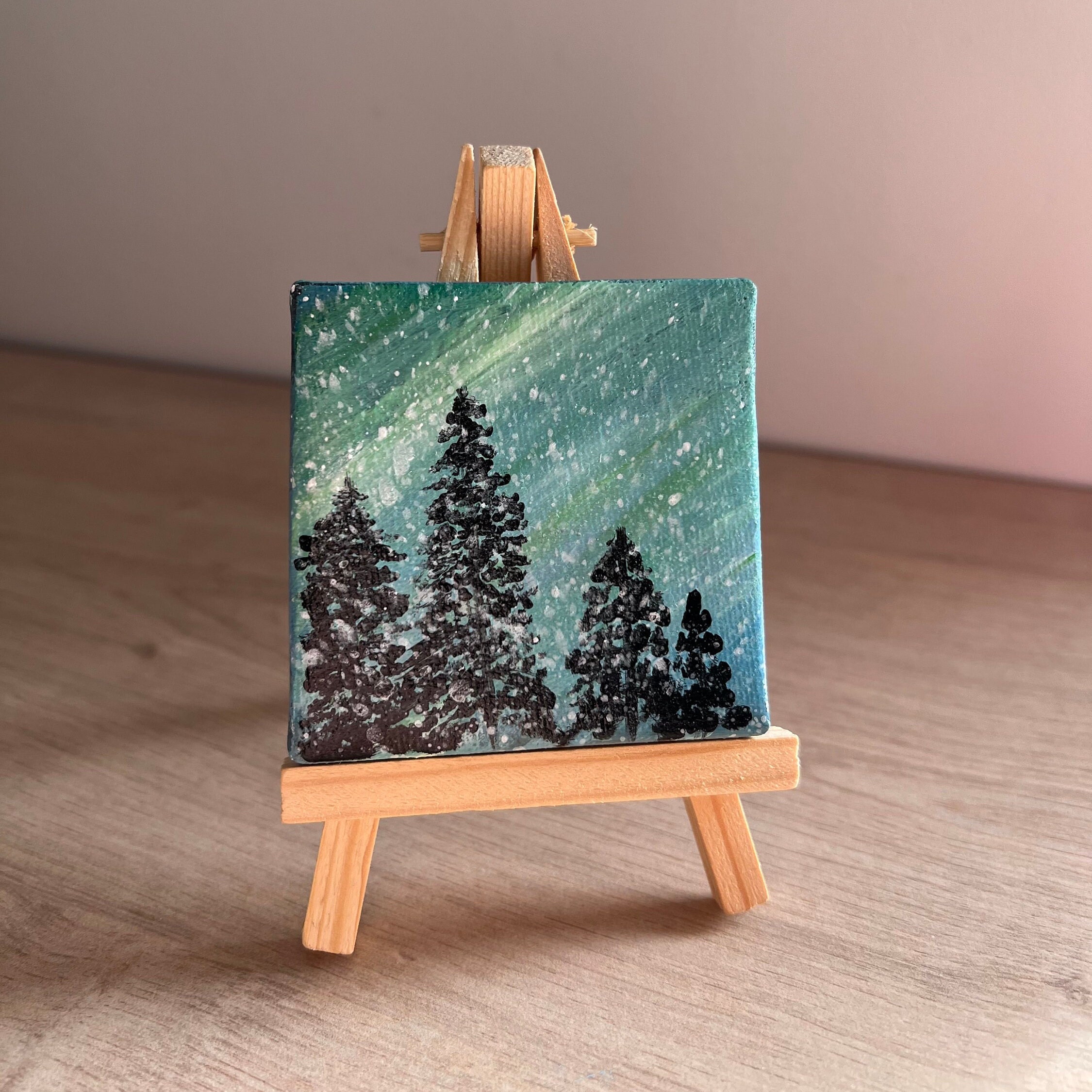 Aurora Pines: Miniature Acrylic Painting 7x7 Cm Under Northern Lights ...