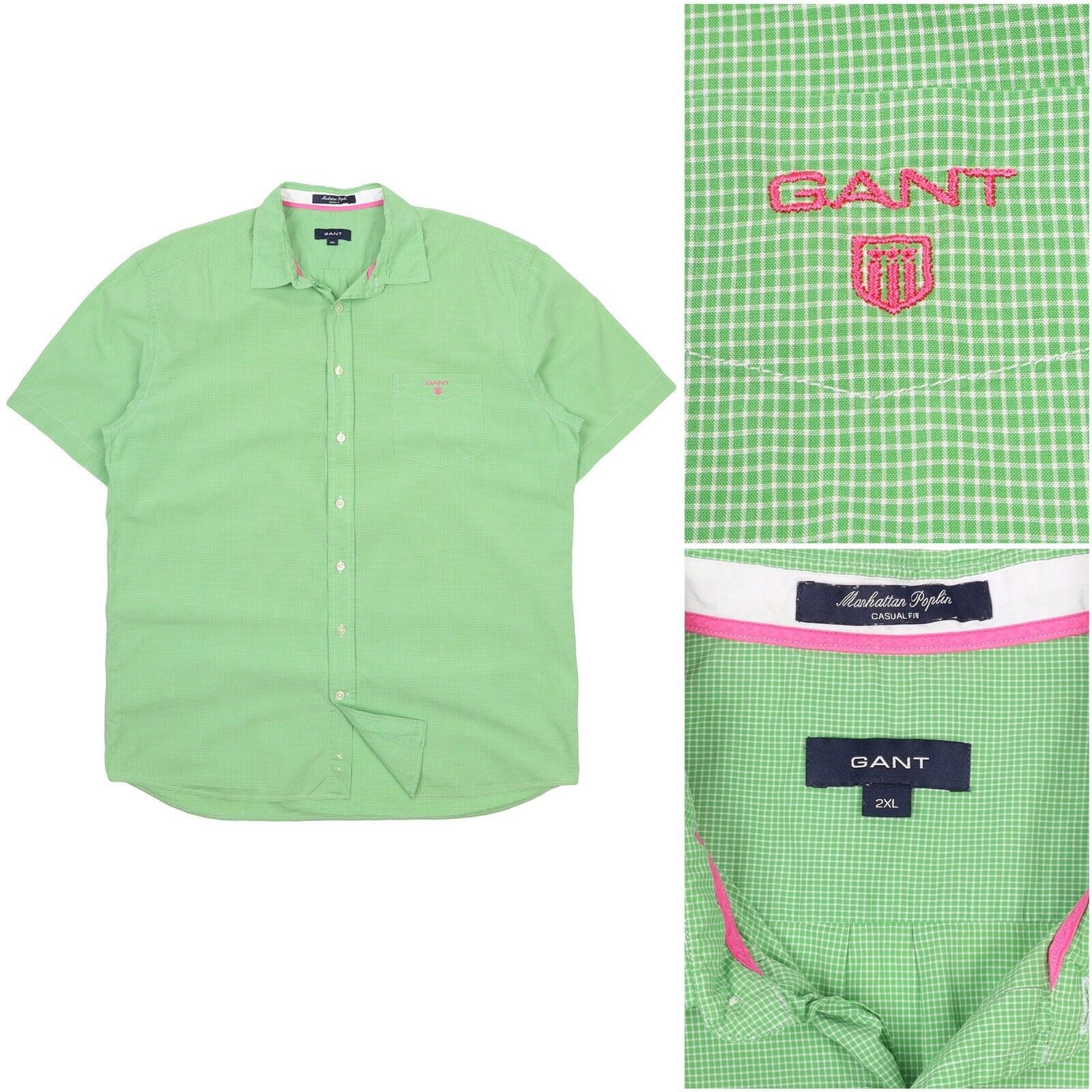 GANT Men's Green Check Manhattan Poplin Cotton Short Sleeve Shirt Size 2XL Authentic Designer ...