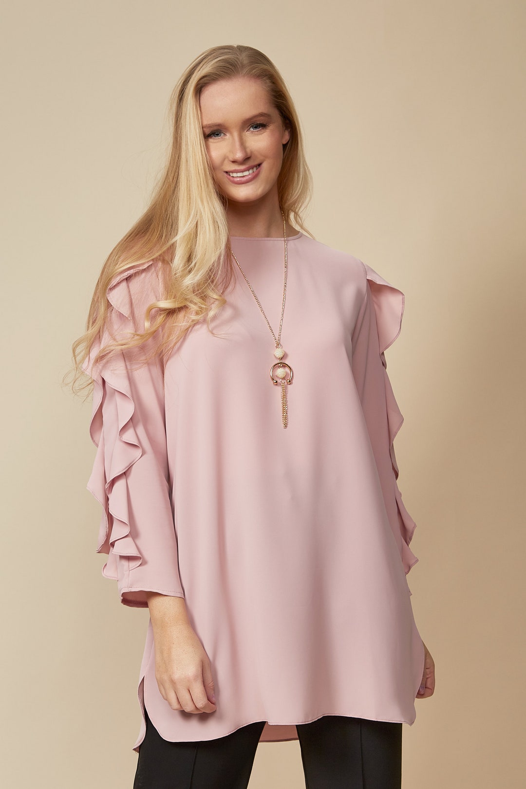 Relaxed Fit Tunic Top, Work Wear Top, Ruffle Detail Sleeve, Pink Tunic ...