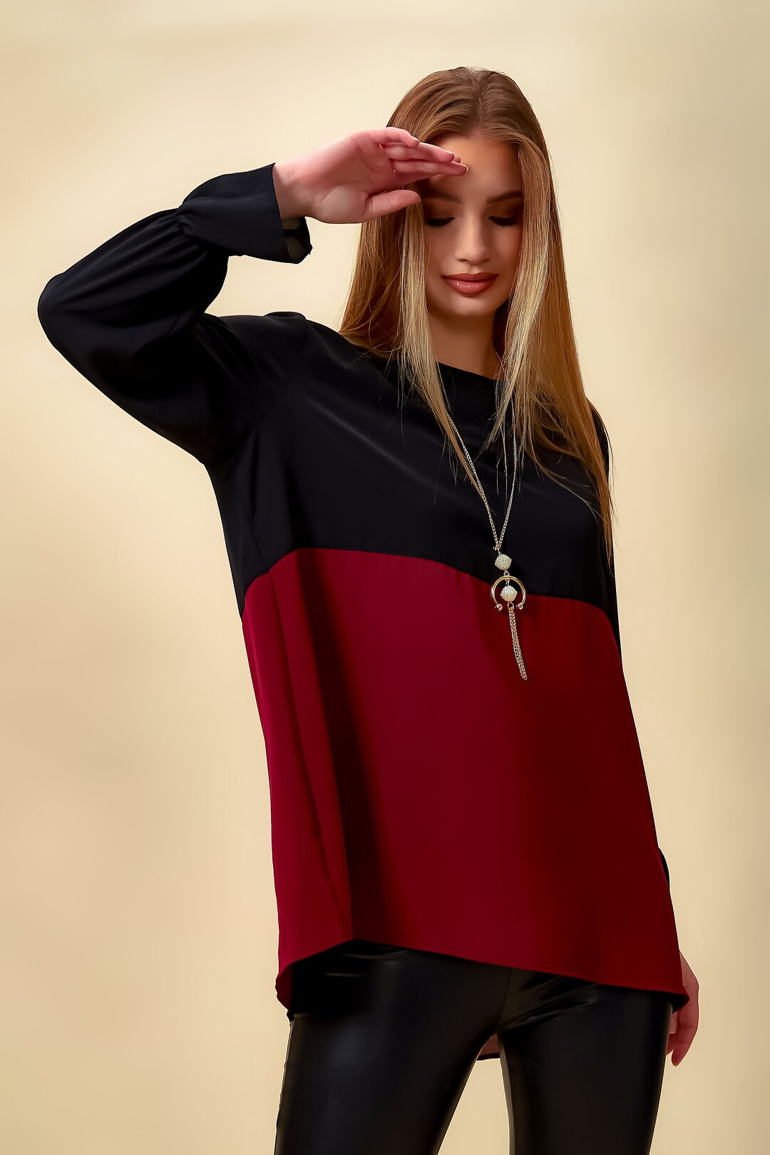 Colour Block Blouse in Black and Burgundy - Etsy