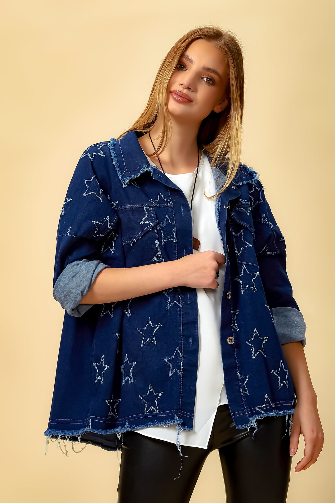 Star Denim Shirt With Pocket Details - Etsy