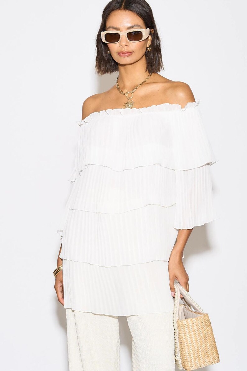 Relaxed Fit off Shoulder Pleated Layer Detailed Blouse Top in White ...