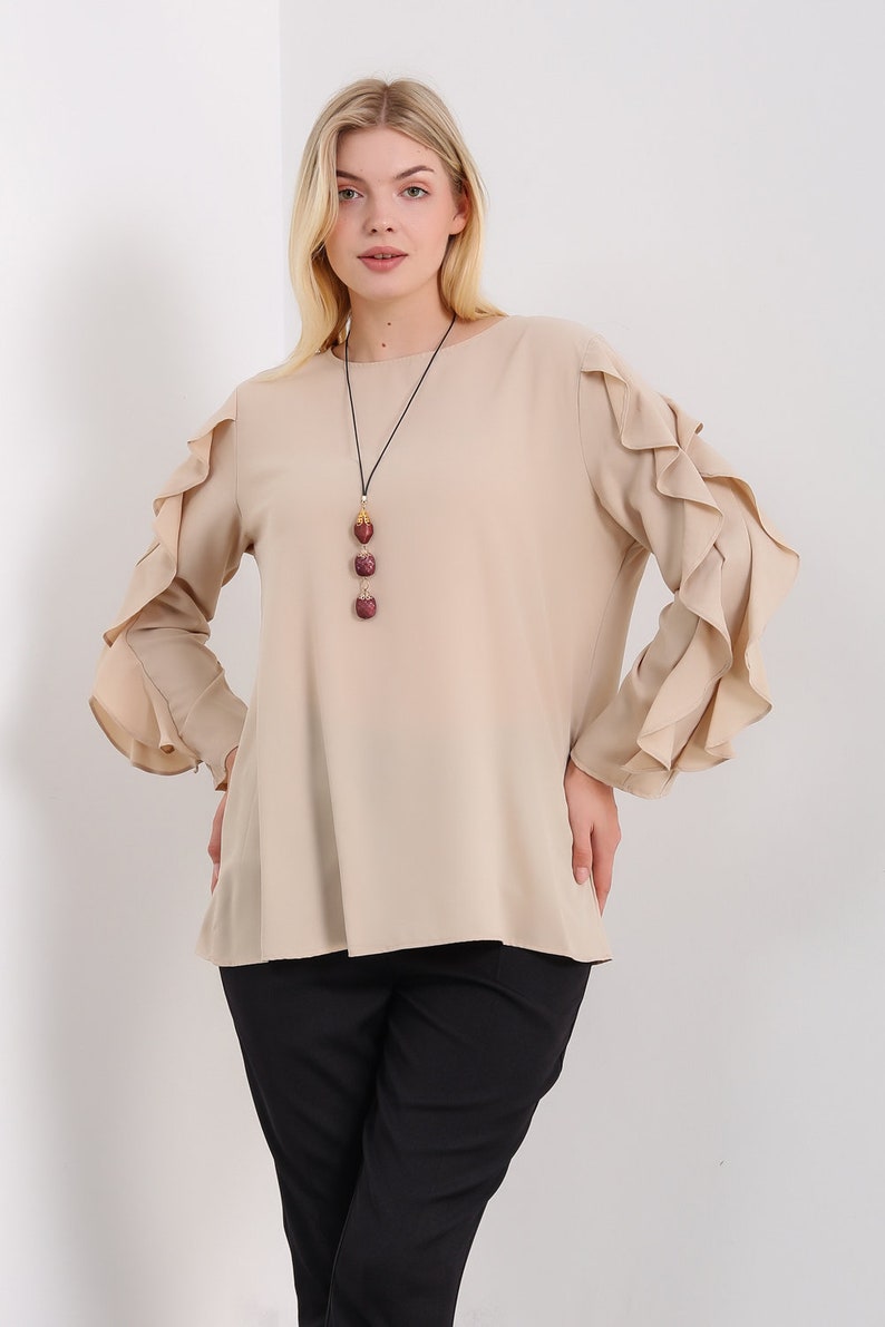 Oversized Ruffle Sleeve Relaxed Fit Top in Beige - Etsy