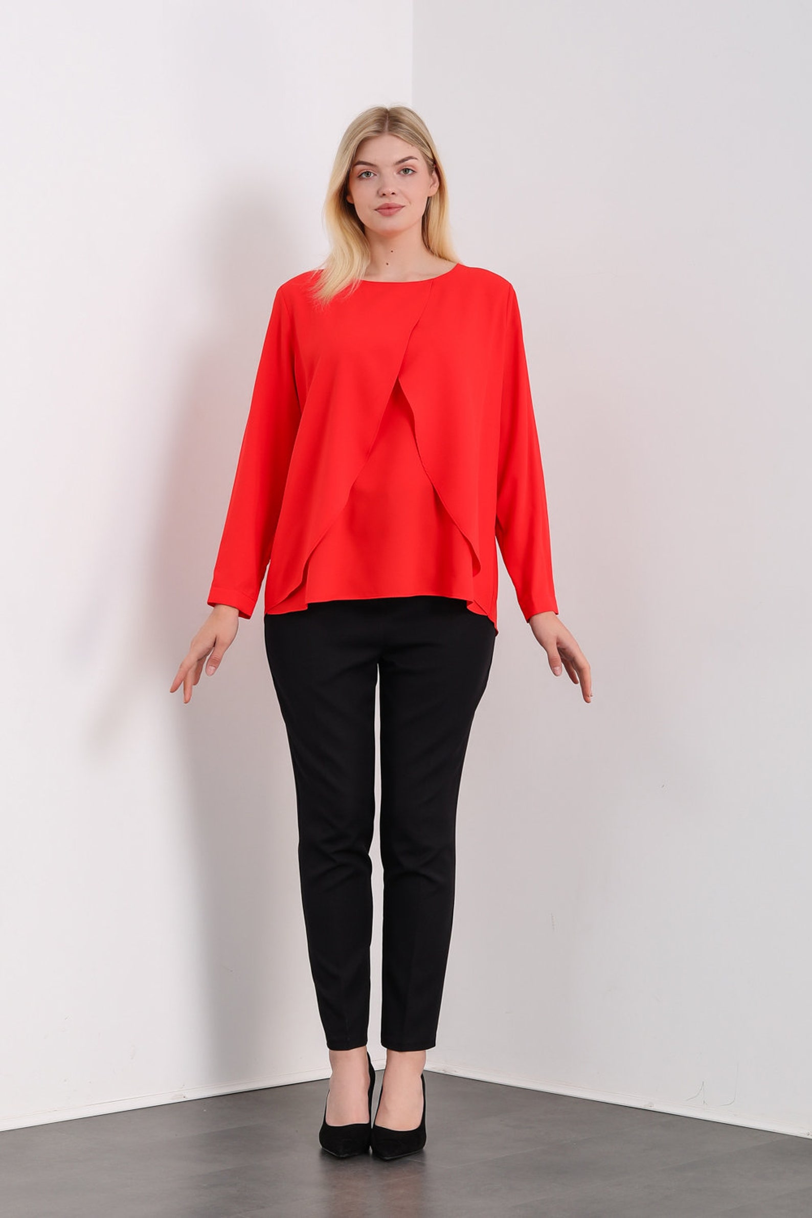 Layered Long Sleeve Top, Office Work Wear, Casual Wear, Round Neck ...