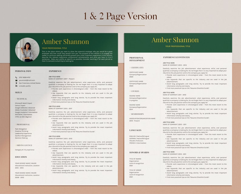 Modern Resume Template, Googledocs, Word, Apple Pages, Professional CV ...