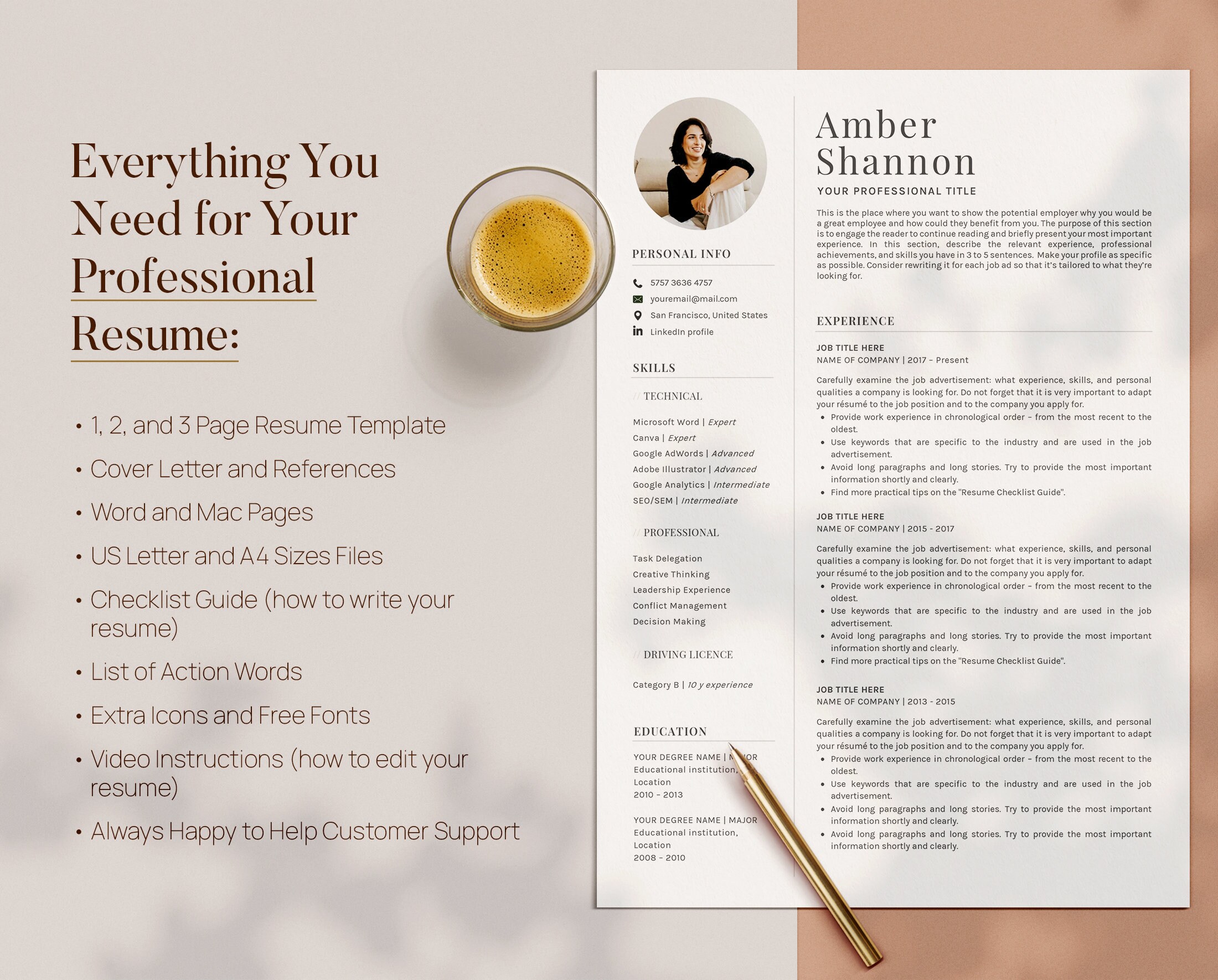 Professional Resume Template Google Docs, Word, Modern CV Template With ...