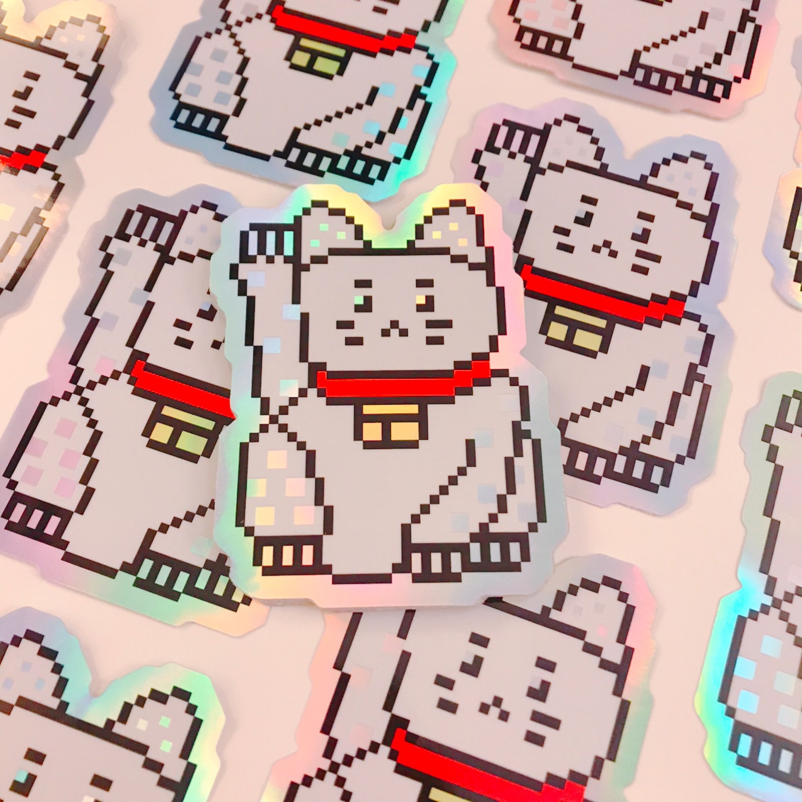 Pixel Art Lucky Cat Holographic Vinyl Sticker - Manekineko Sticker - Etsy