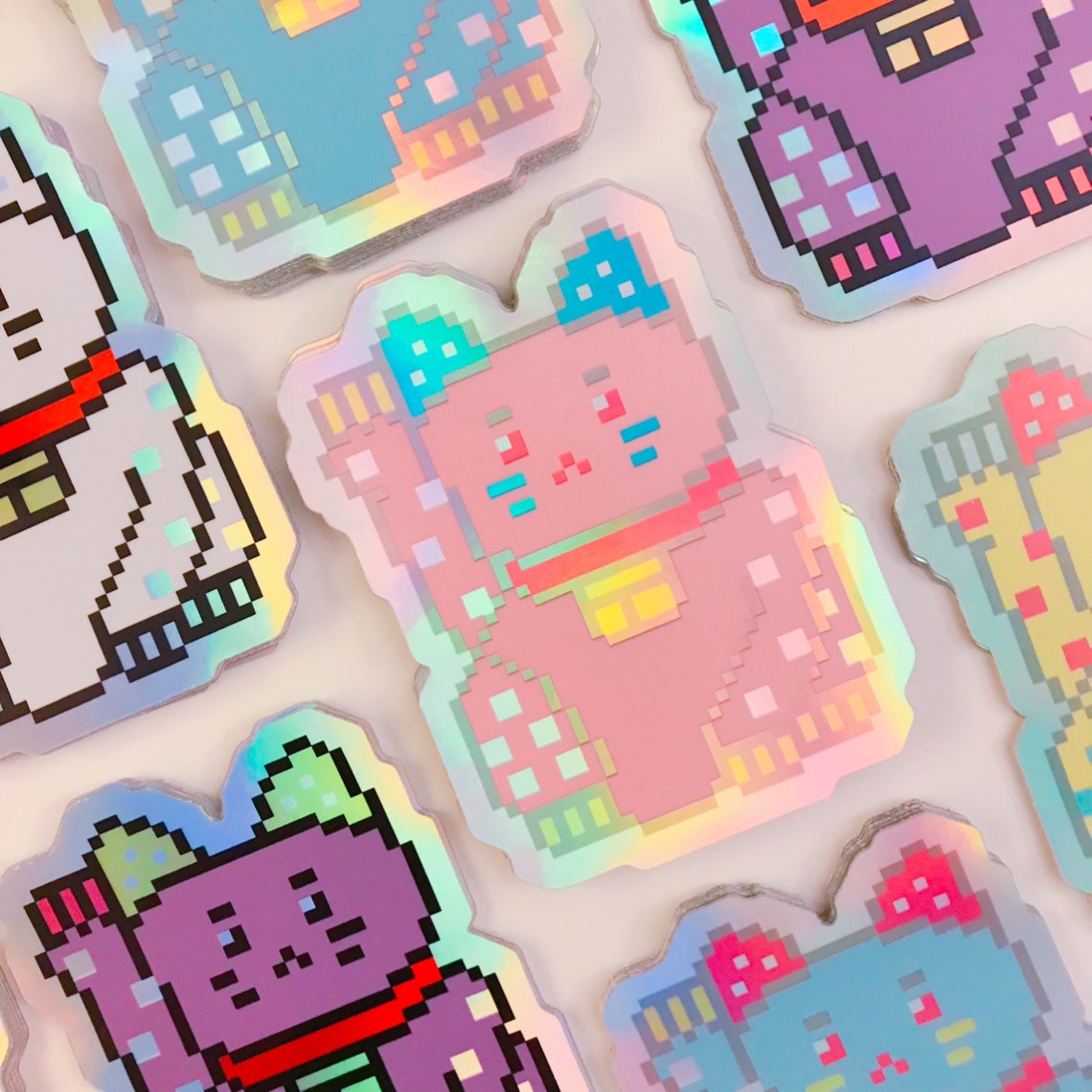 Pixel Art Lucky Cat Holographic Vinyl Sticker Manekineko - Etsy