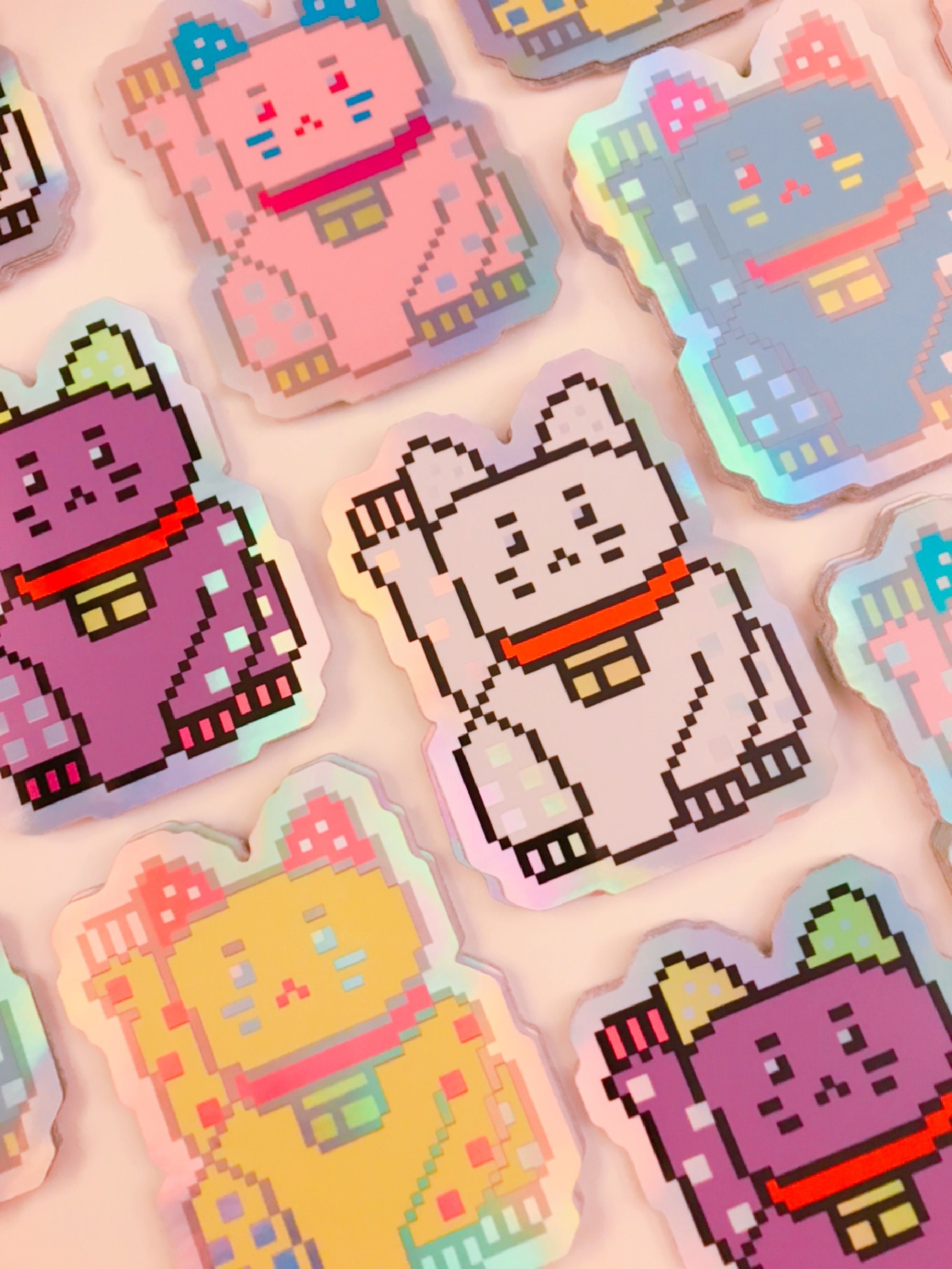 Pixel Art Lucky Cat Holographic Vinyl Sticker - Manekineko Sticker - Etsy