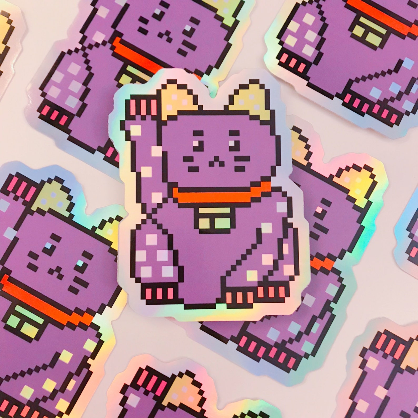 Pixel Art Lucky Cat Holographic Vinyl Sticker - Manekineko Sticker - Etsy