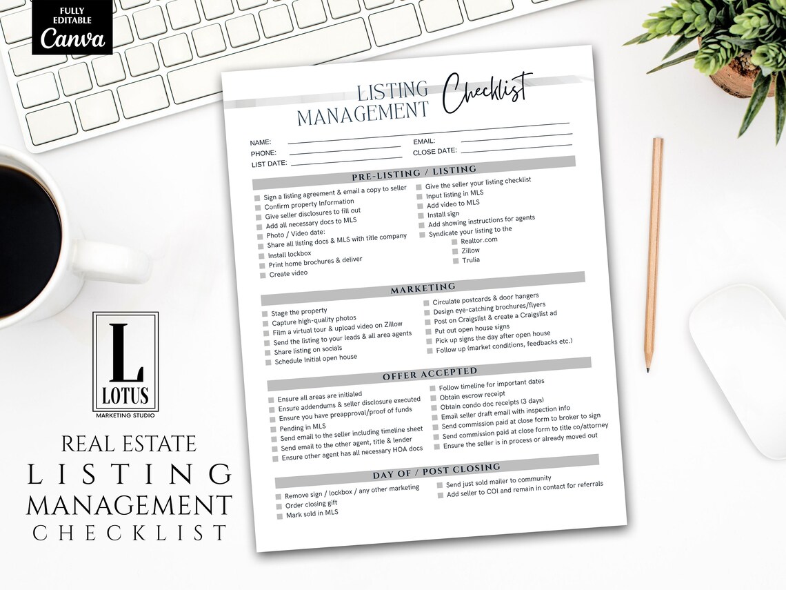 Real Estate Listing Management Checklist, Realtor Checklist, Listing to ...