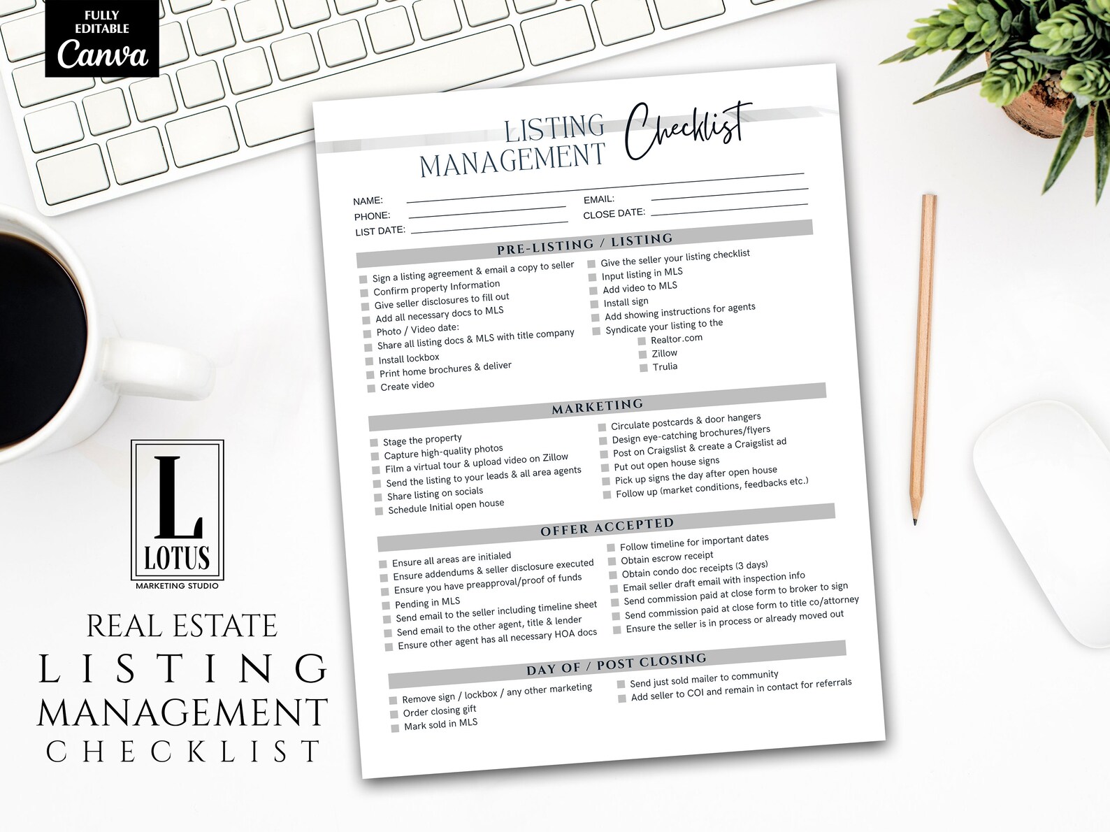 Real Estate Listing Management Checklist, Realtor Checklist, Listing to ...