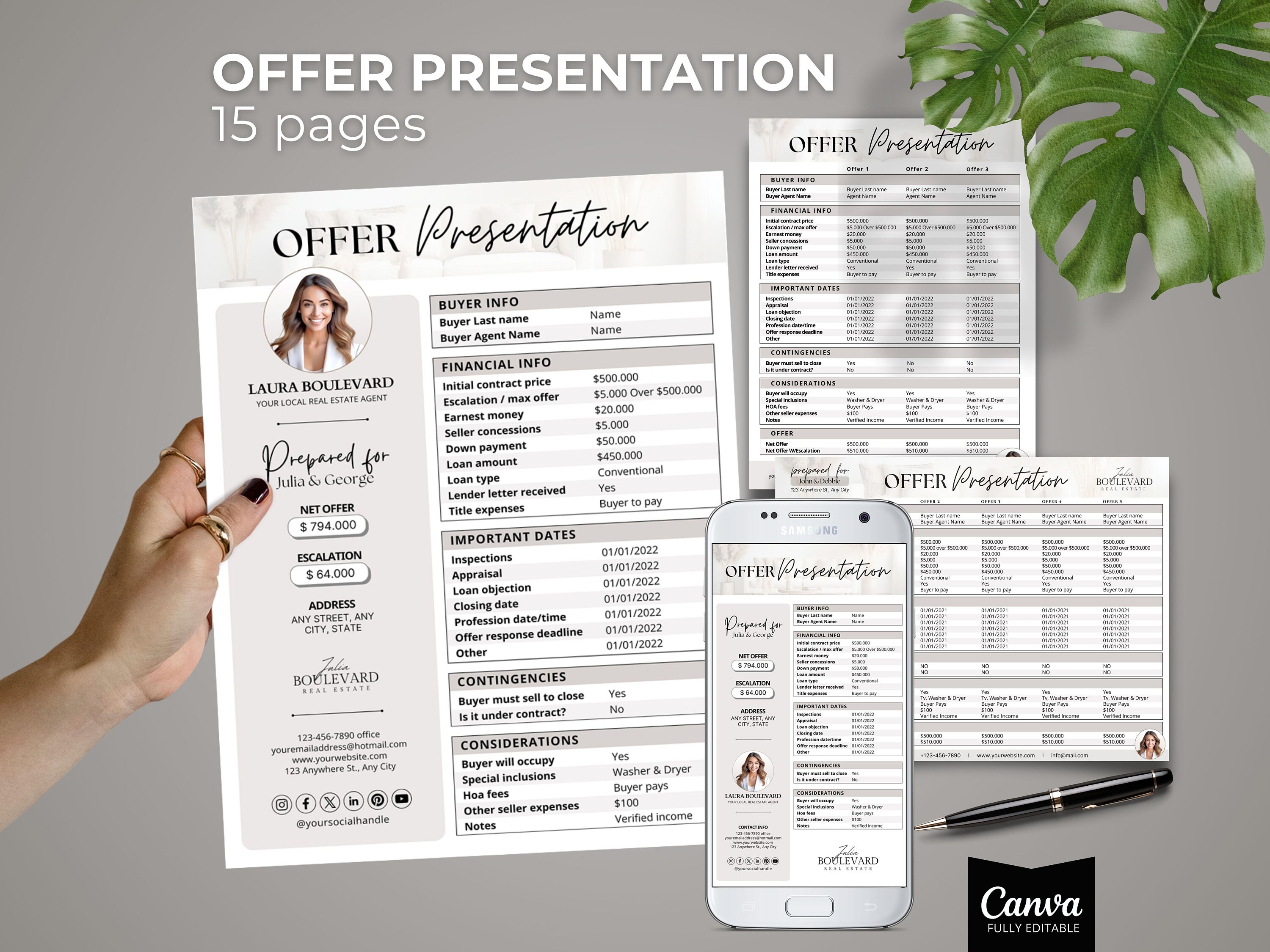 Real Estate Offers Summary, Offer Presentation, Multiple Offer Spreadsheet, Offer Summary Sheet ...