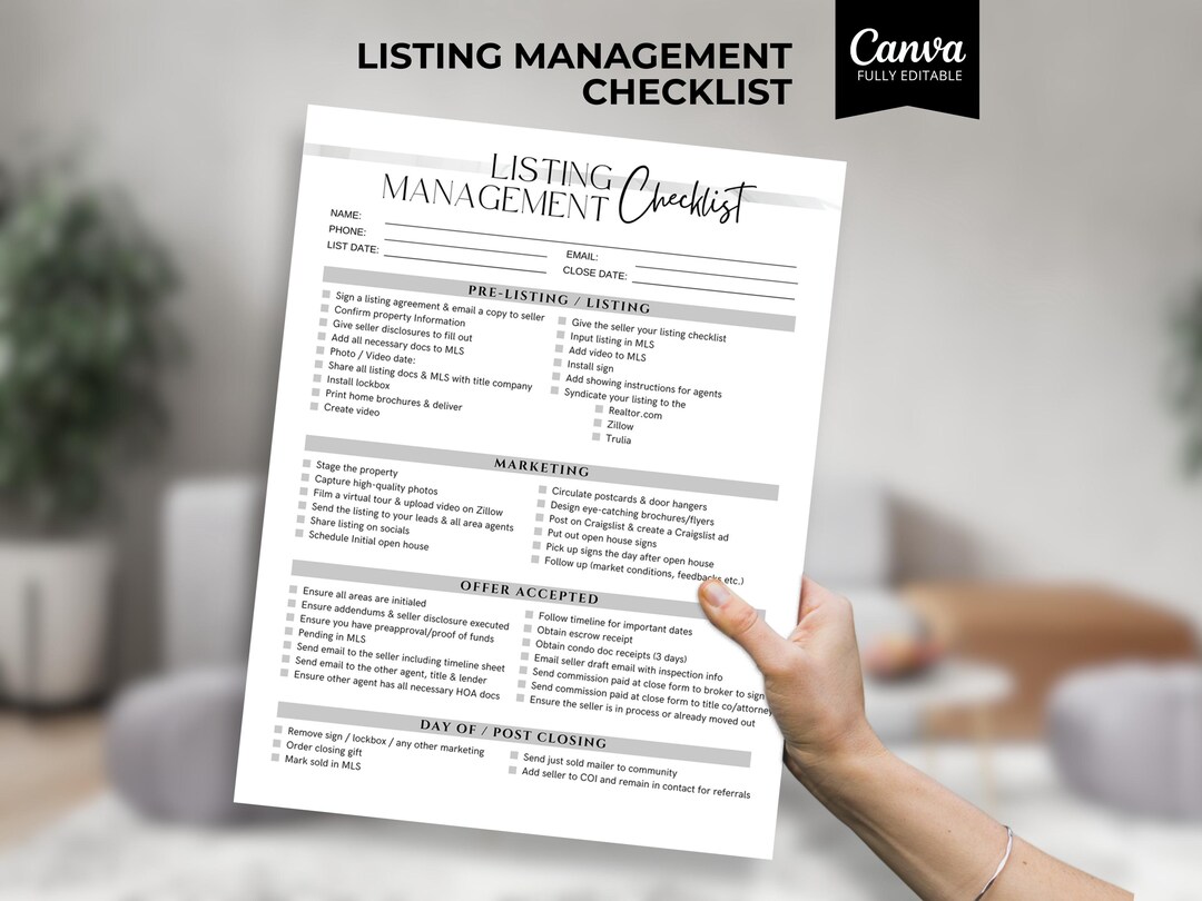 Real Estate Listing Management Checklist, Realtor Checklist, Listing to ...