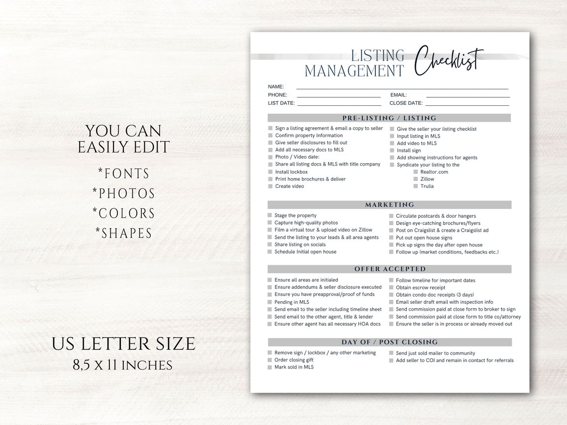 Real Estate Listing Management Checklist, Realtor Checklist, Listing to ...