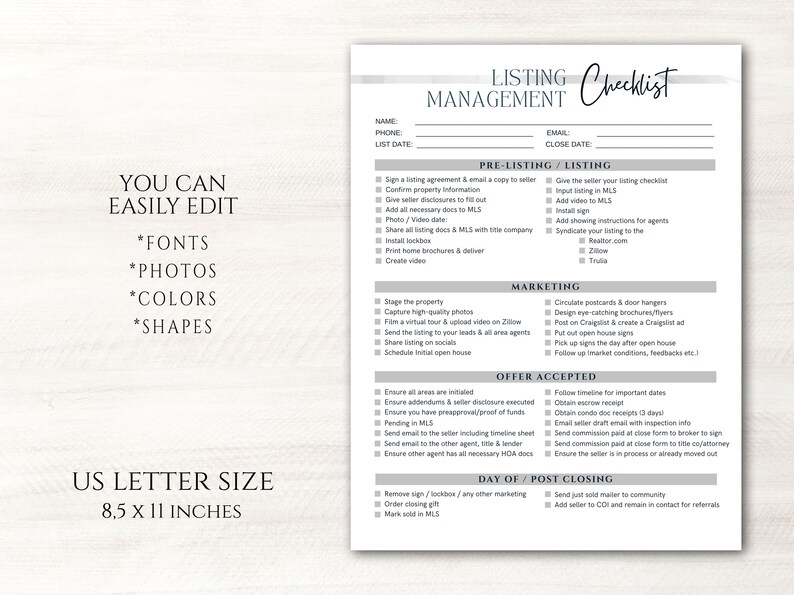 Real Estate Listing Management Checklist, Realtor Checklist, Listing to ...