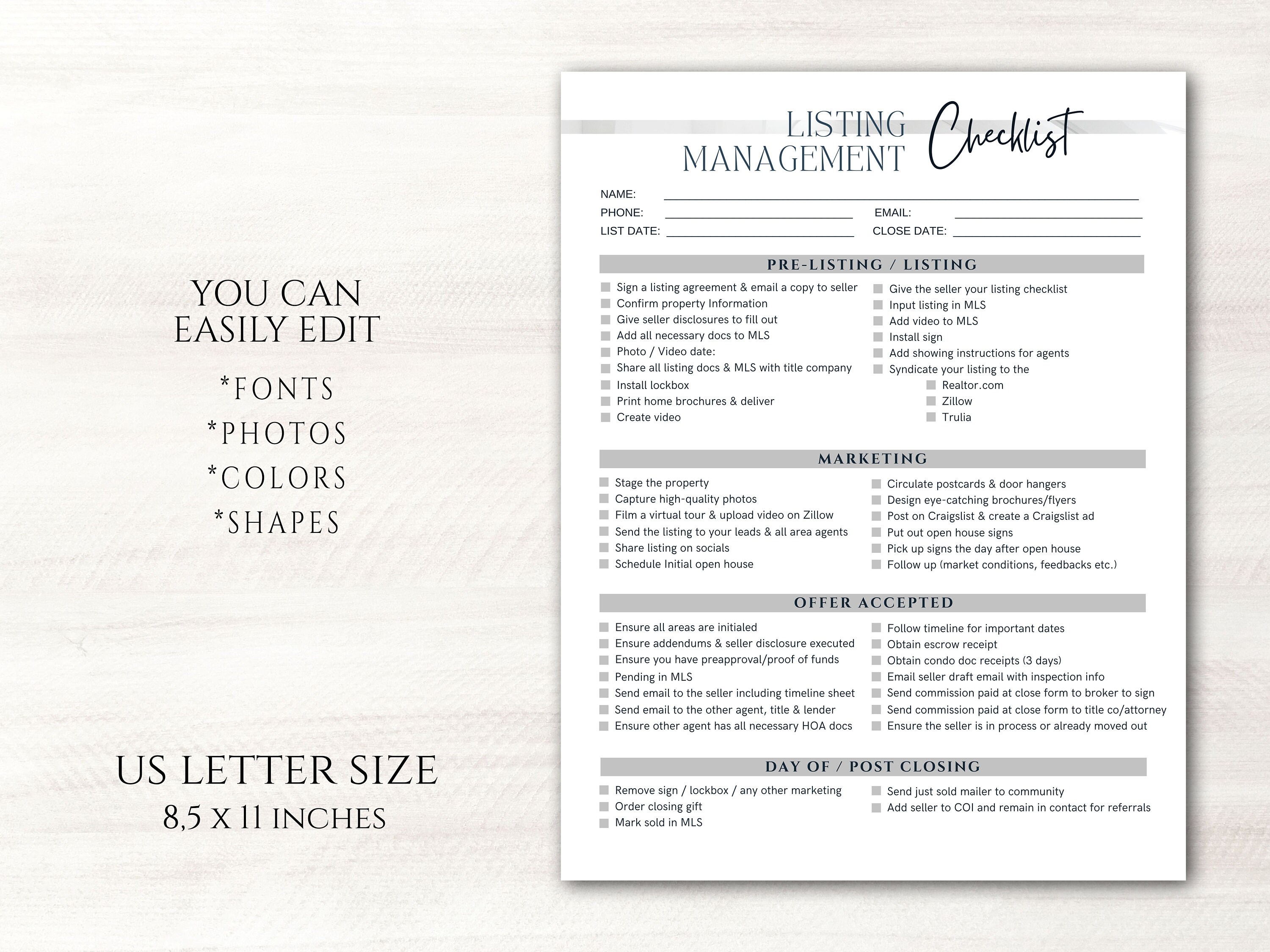 Real Estate Listing Management Checklist, Realtor Checklist, Listing to ...