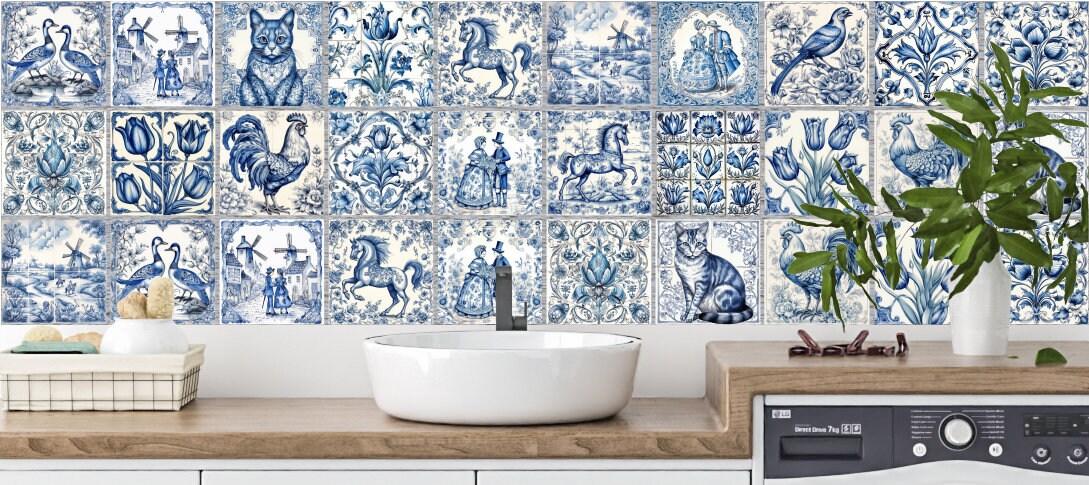 Tile Stickers Delft Blue, 20 Stickers per Set, 10x10, 15x15, 20x20 ...