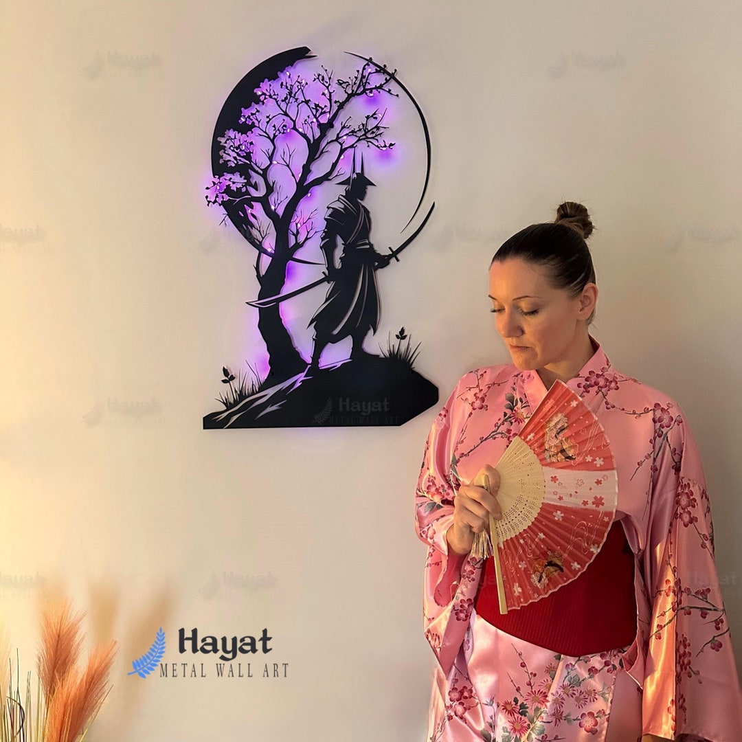 Samurai Under Sakura Tree Metal Wall Art With Pink LED Lights - Etsy