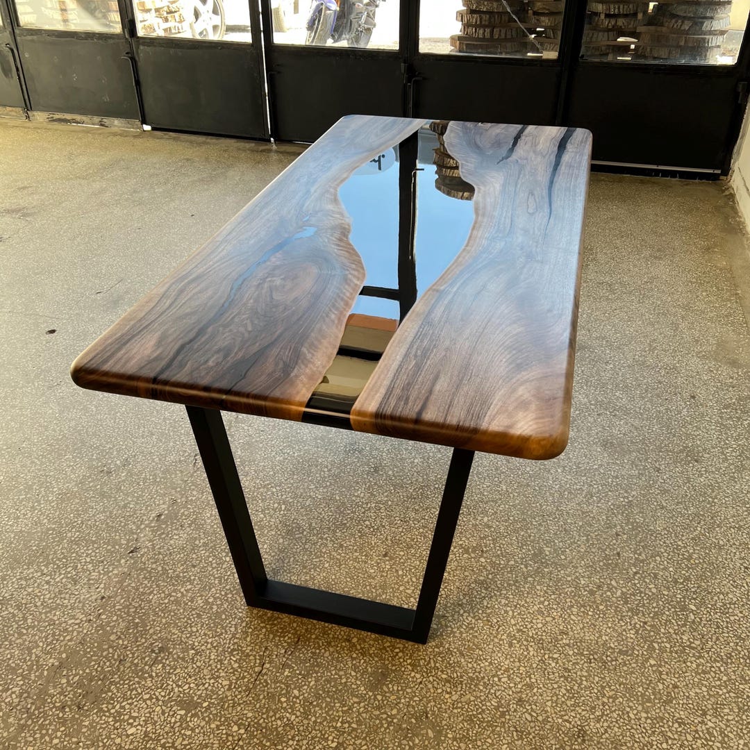 Smoke Transparent Walnut Epoxy Resin River Table With Metal Legs, Rounded Edge Translucent Black ...