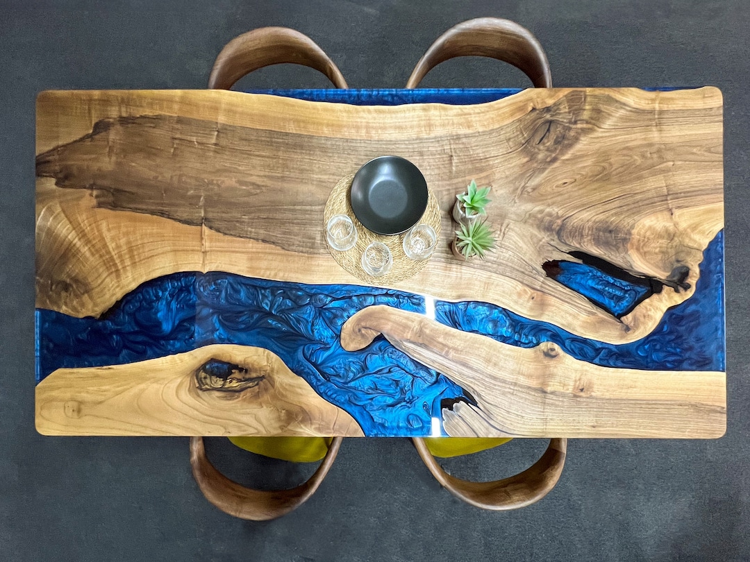 Custom Dark Blue Resin River Epoxy Dining Table in Walnut Wood, Rounded ...