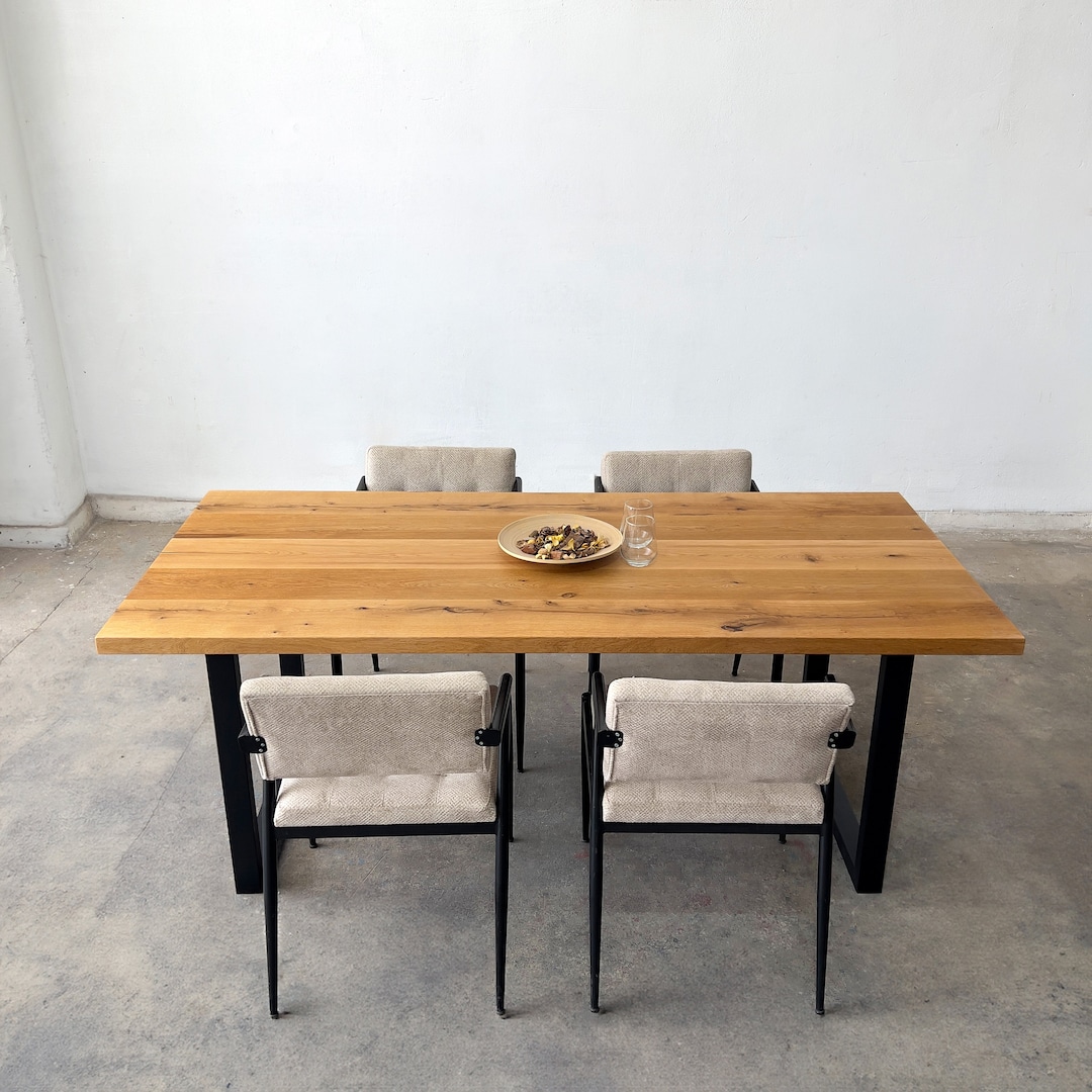 Solid Oak Dining Table, Oak Wood Kitchen Table, Industrial Modern ...