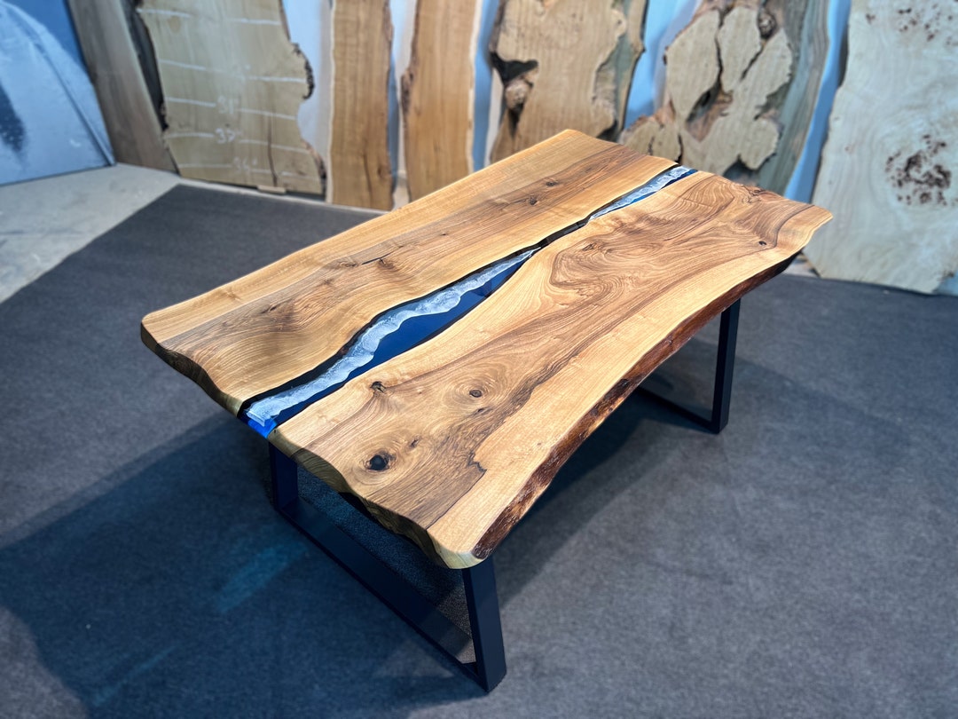 Live Edge Walnut Resin River Table, Solid Wood Dining Table, Natural ...