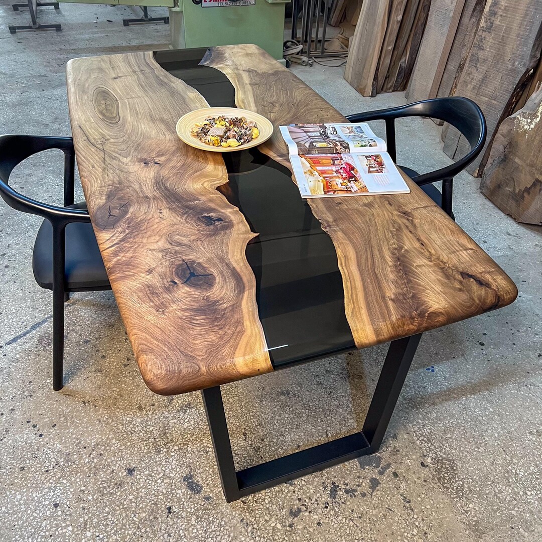 Walnut Epoxy Resin River Dining and Kitchen Table, Boat-shaped Walnut Wood River Table, Dining ...