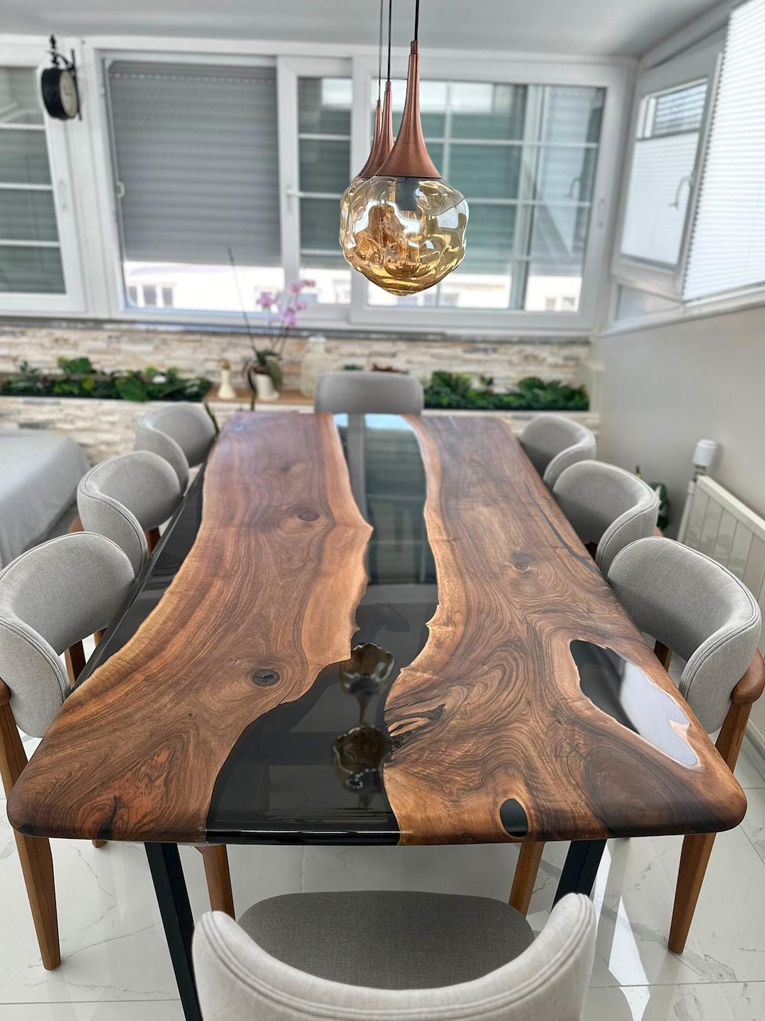 Handmade Walnut Epoxy River Table: Translucent Black Resin Dining Table ...