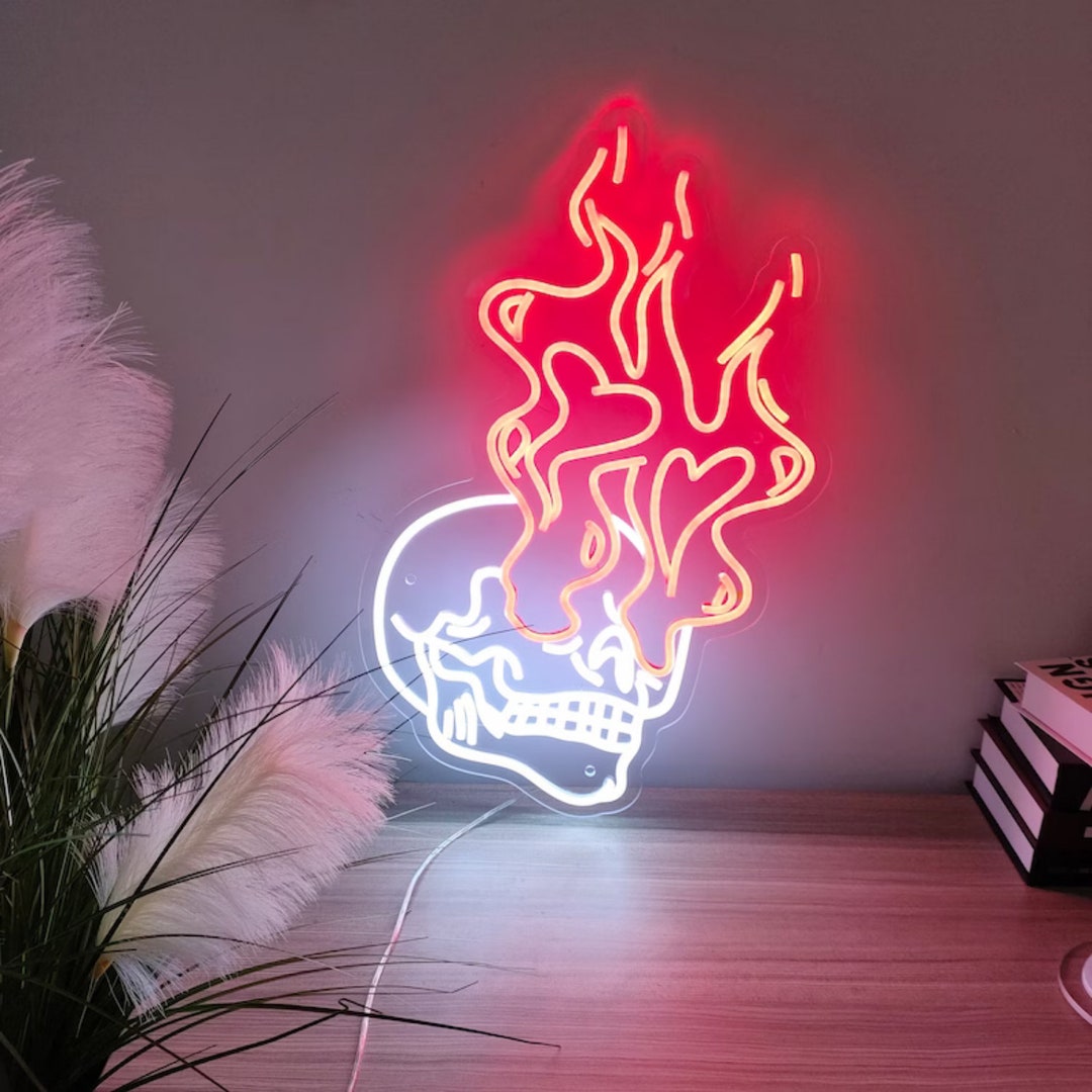 LED Skull Head Neon Sign, Custom Handmade Art Neon Light, Skull Fire ...