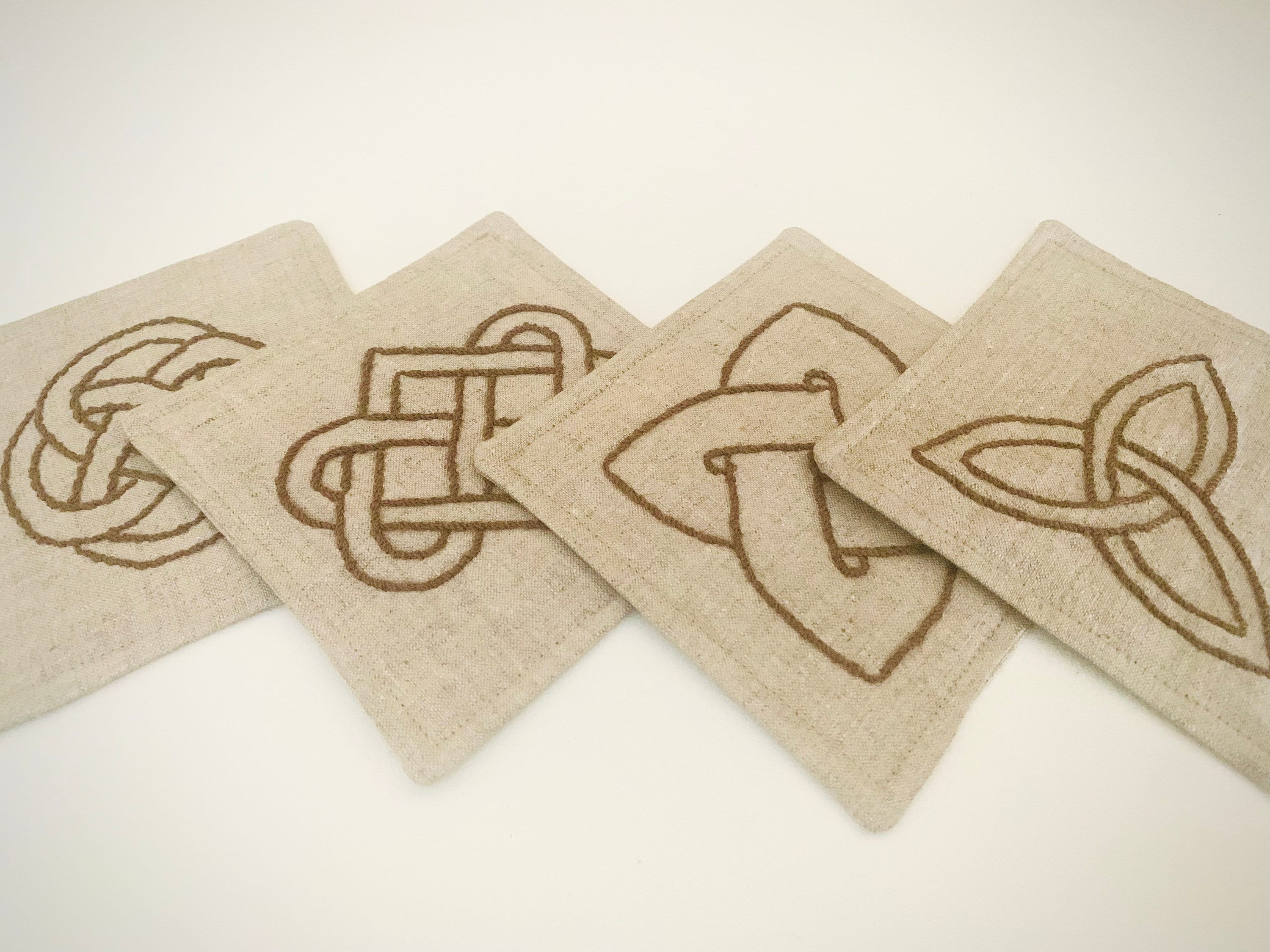 Celtic Knot Hand Embroidered Linen Fabric Coaster Set of 2 Handmade ...