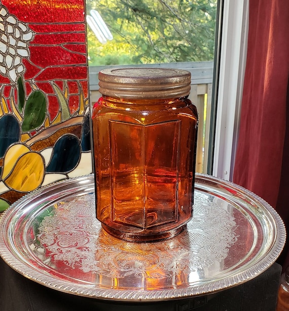 Vintage Amber Lidded Glass 6 Panel Jar With Inlayed 2 Panel - Etsy