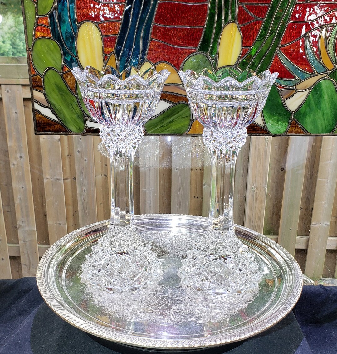Vintage 1980s Tall Crystal Candle Holders - Fluted Stem Holders, Fancy ...