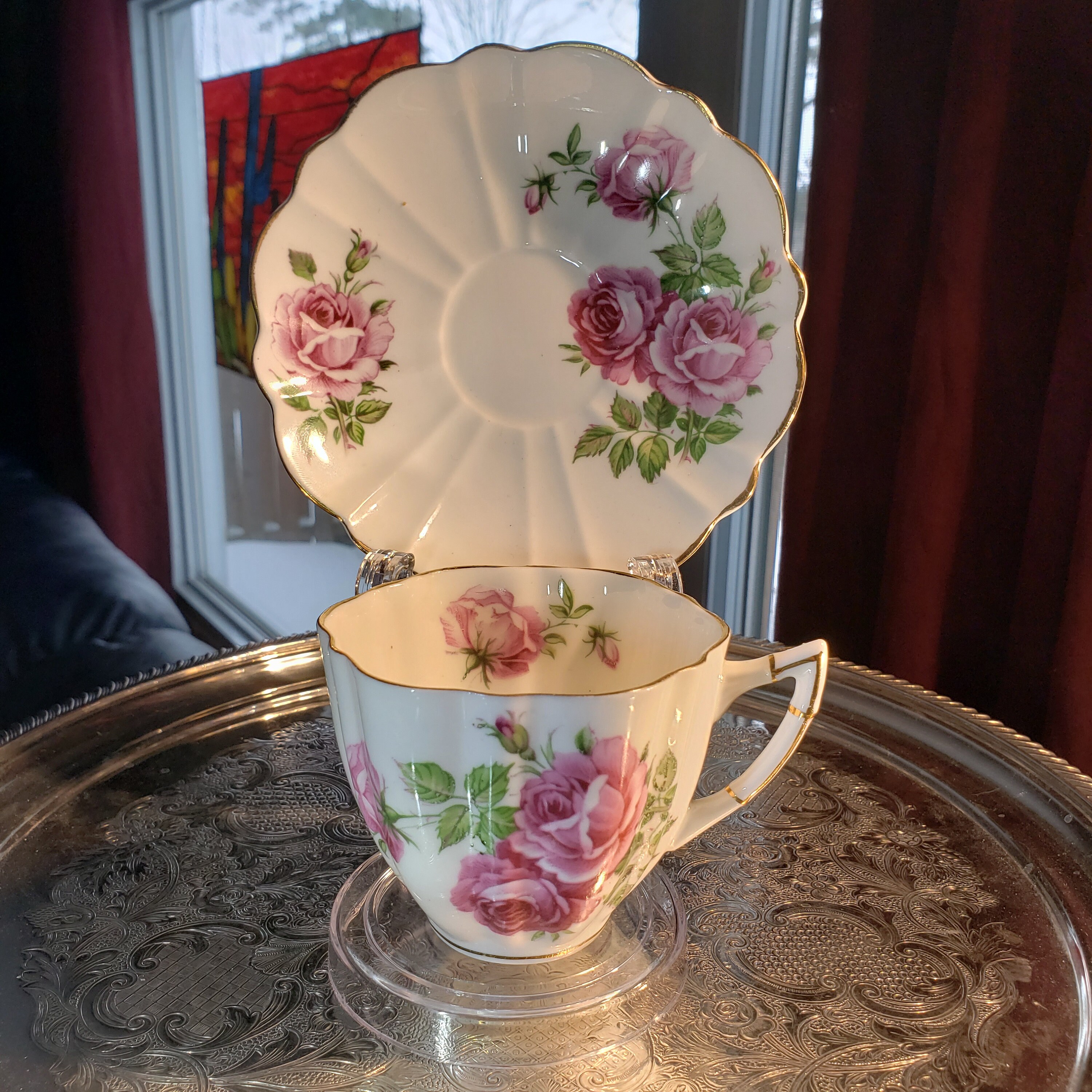 Victoria Bone China Pink Rose Pattern tea Cup and Saucer - Etsy