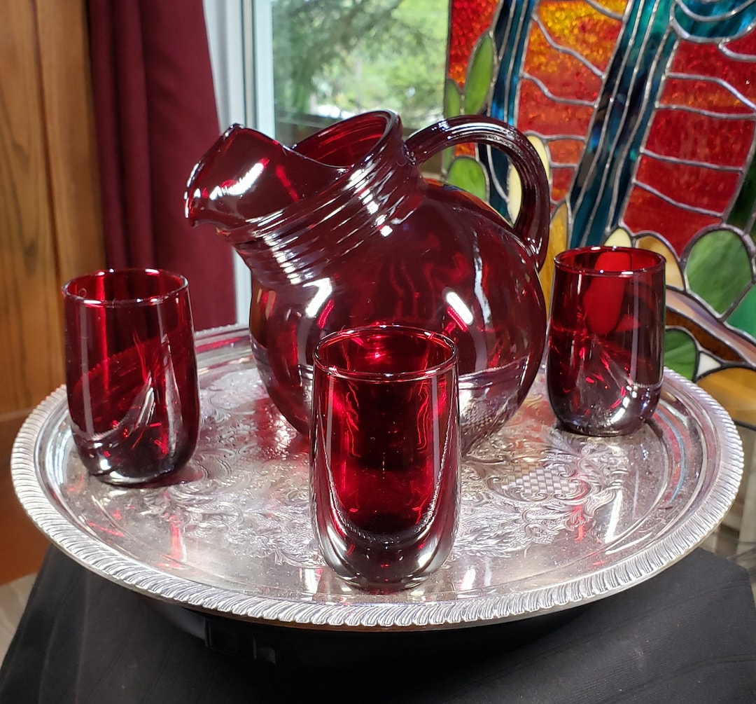 Depression Glass 40 Oz Ruby Red Hocking Ball Pitcher and Matching 3 Oz ...