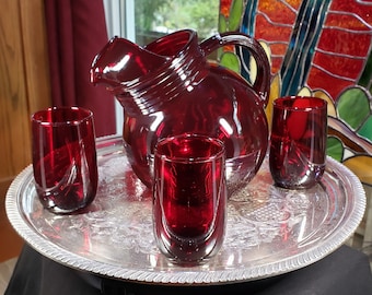 Anchor Hocking Ruby Red Bubble Glass Pitcher & Tumbler Set - Etsy
