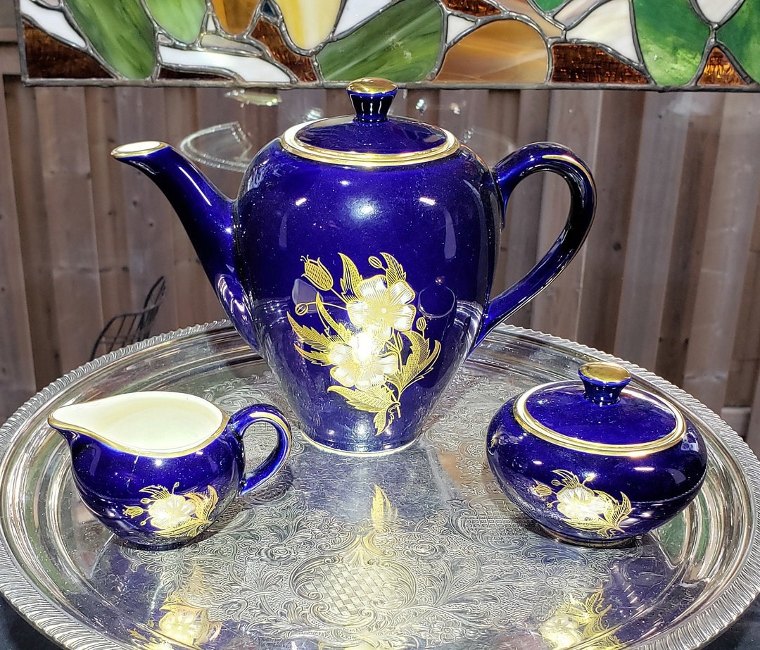 Vintage Echt Cobalt Blue & Gold Floral Design Teapot Set - German Tea ...